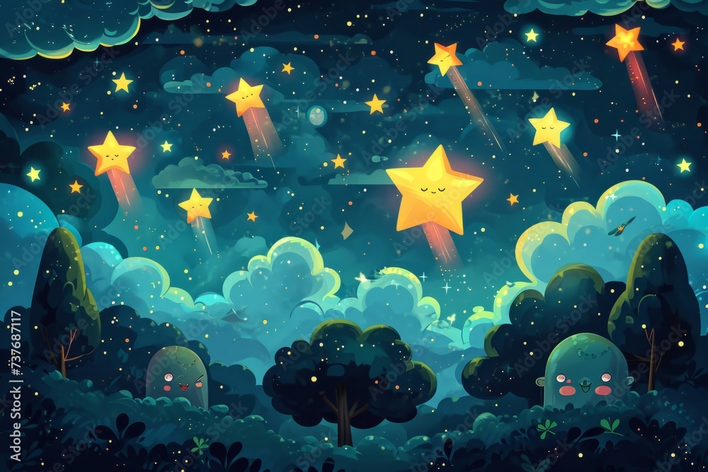 Cartoon cute doodles of characters under a magical meteor shower, with ...