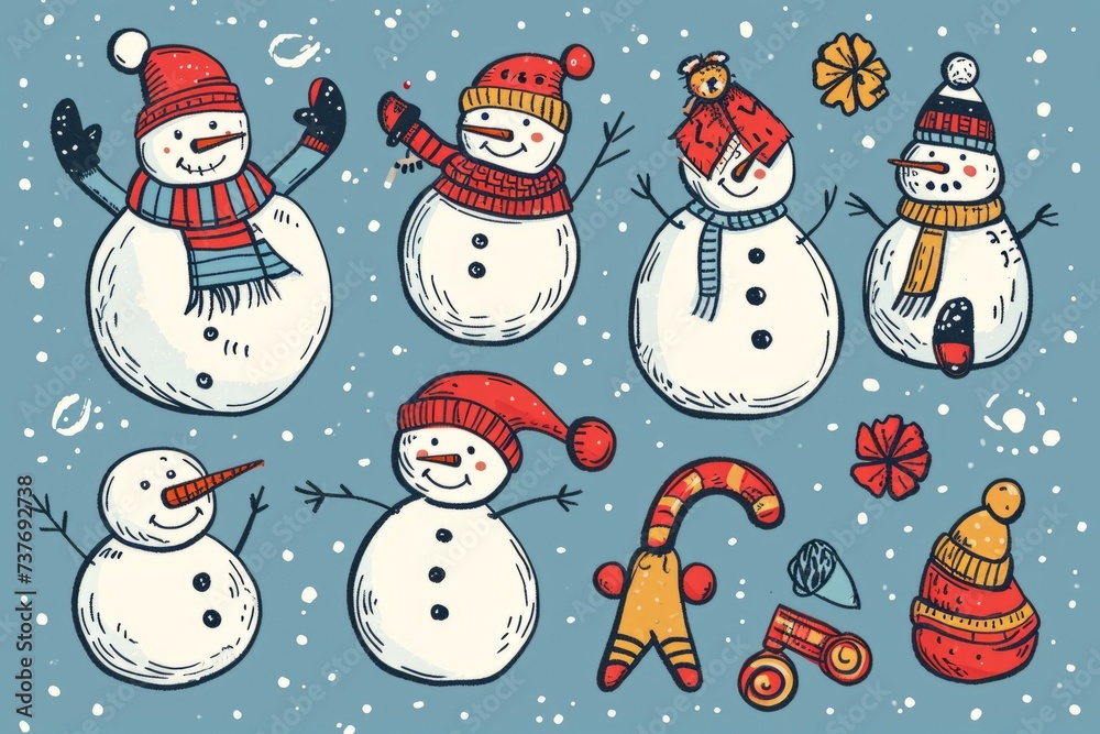 Cartoon cute doodles of a snowy day, with characters building snowmen ...