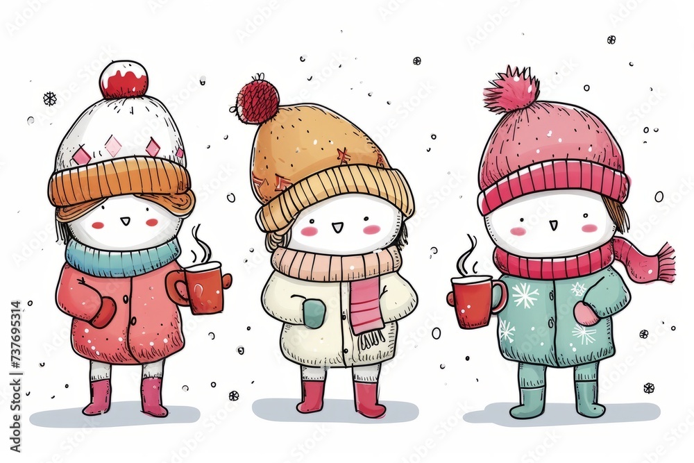 Cartoon cute doodles of a windy day, with characters flying kites ...