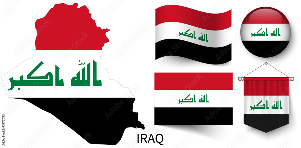 The various patterns of the Iraq national flags and the map of Iraq's ...