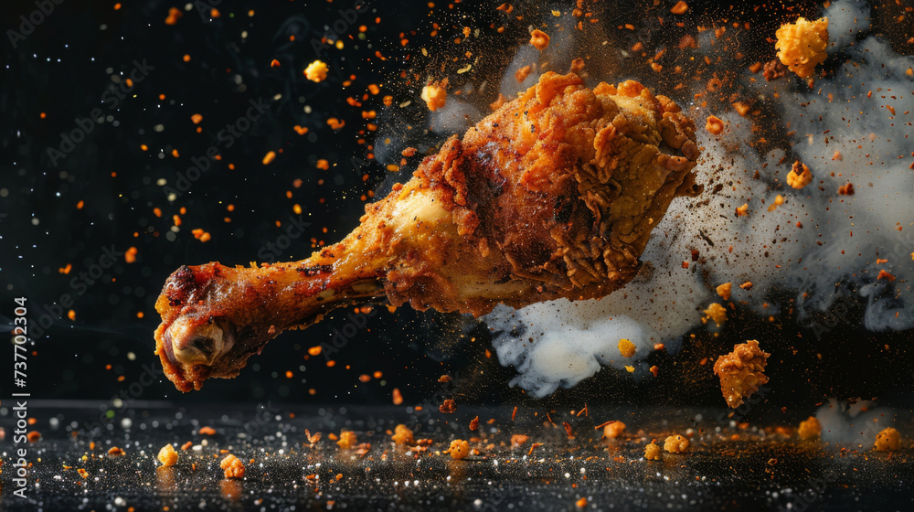 Crispy fried chicken leg captured in mid-explosion, with breading and ...