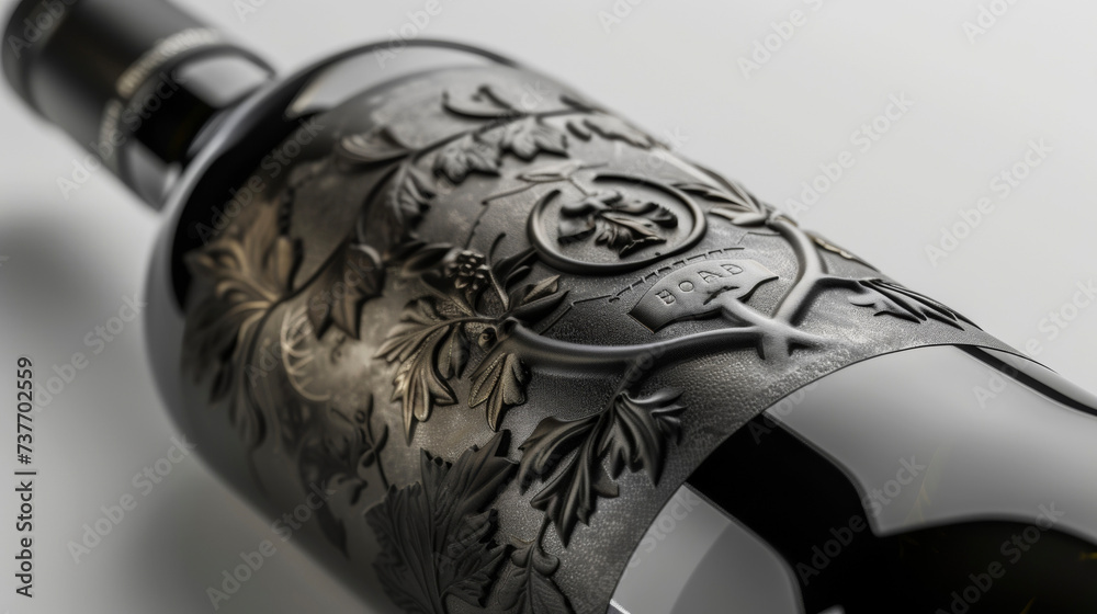 A closeup of the wine bottle displays a raised embossed seal on the ...