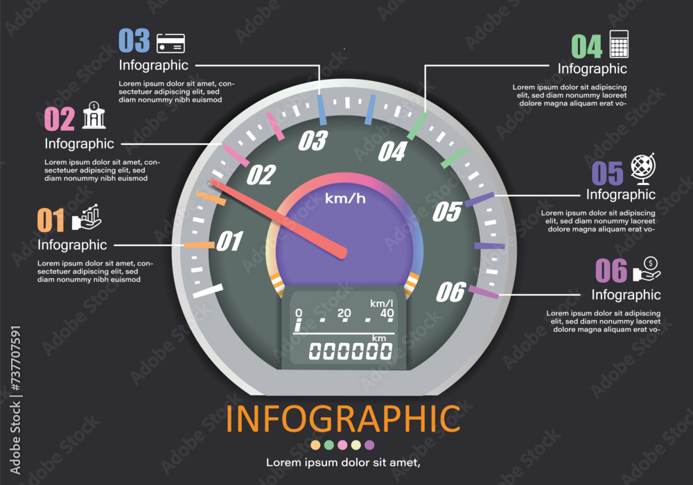 Vector infographic on gray-black background,designed like a car speed ...