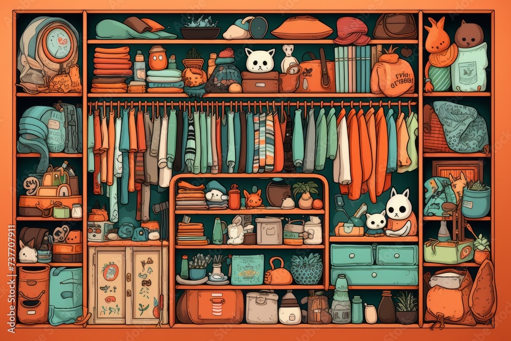 Cartoon cute doodles of a well-organized closet, with characters ...
