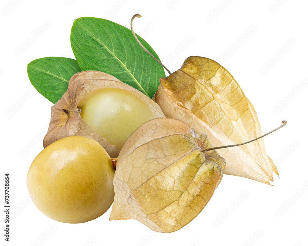 Whole and peeled Cape gooseberry fruits isolated on white background ...