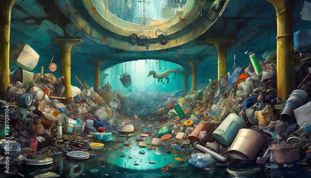 Sewer overflowing with discarded objects, with towering piles of trash ...