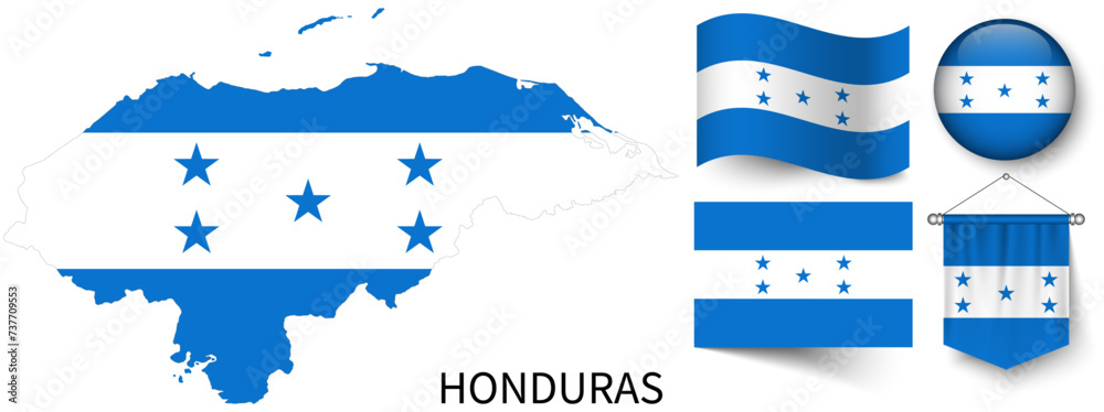 The various patterns of the Honduras national flags and the map of ...