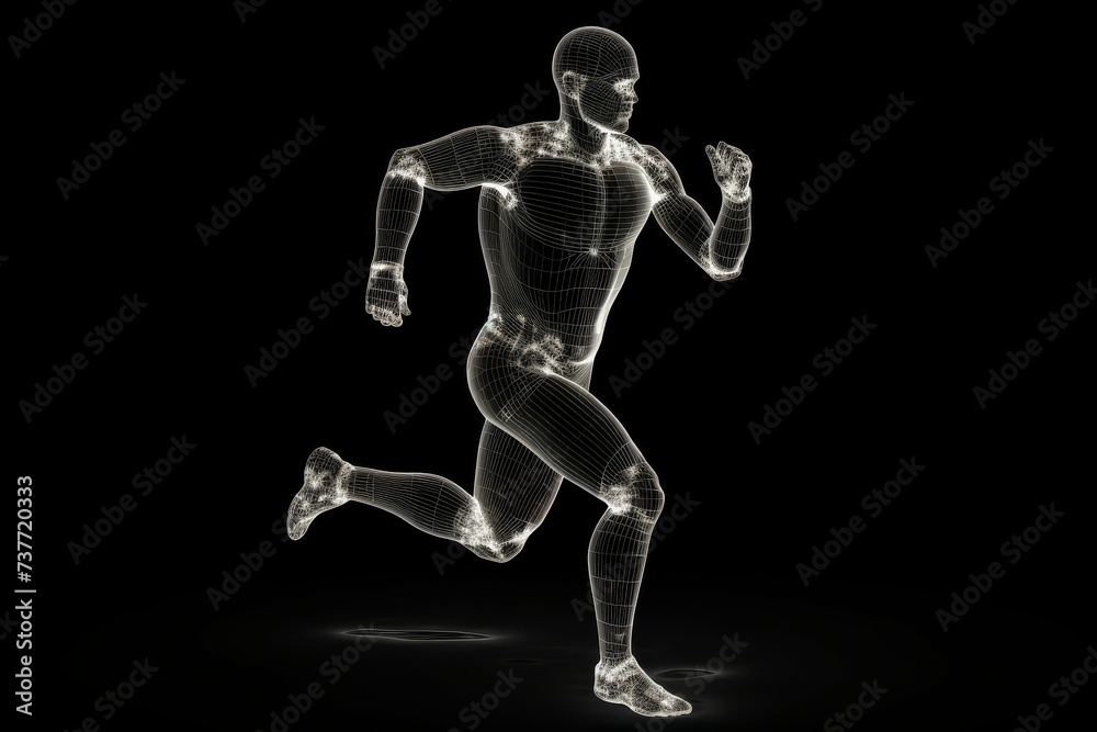 Dynamic wireframe of a running human figure on a black background ...
