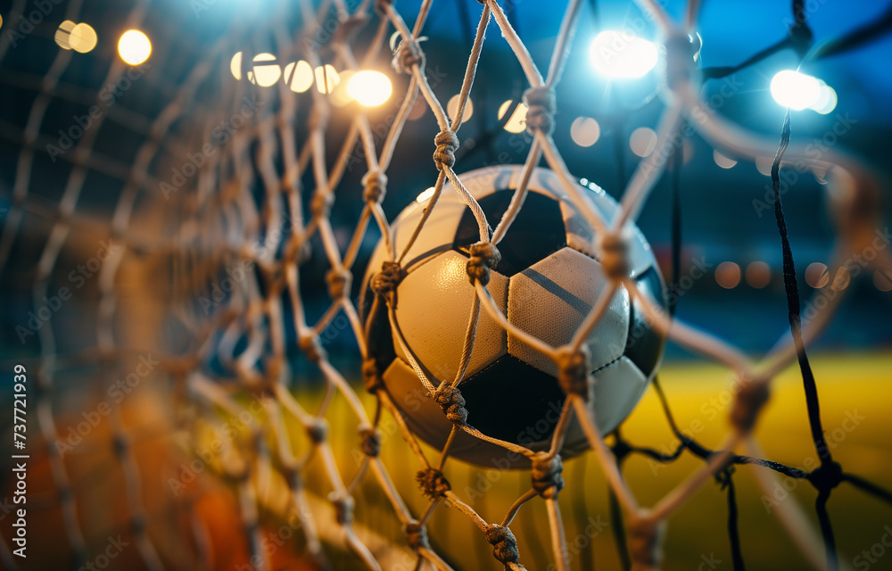 Football arena, soccer ball in the stadium, ball in soccer net, ball in ...