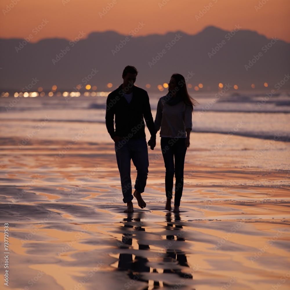 Silhouette, sunset and couple holding hands outdoor with back view and ...