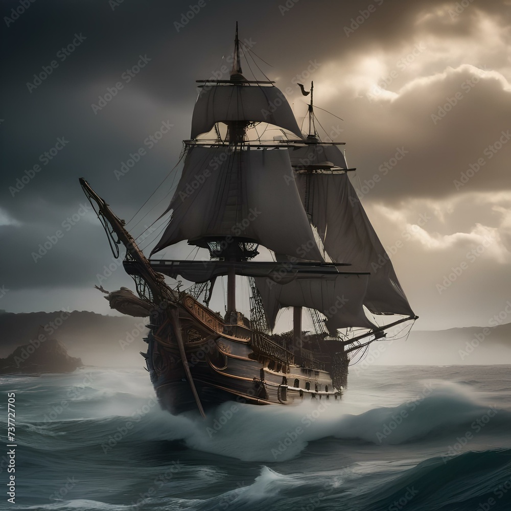 Haunted pirate ship, Ghostly pirate ship sailing through stormy seas ...