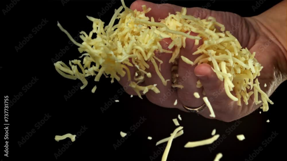 Vidéo Stock Grated cheese falls out of the cook's hand. Filmed on a ...