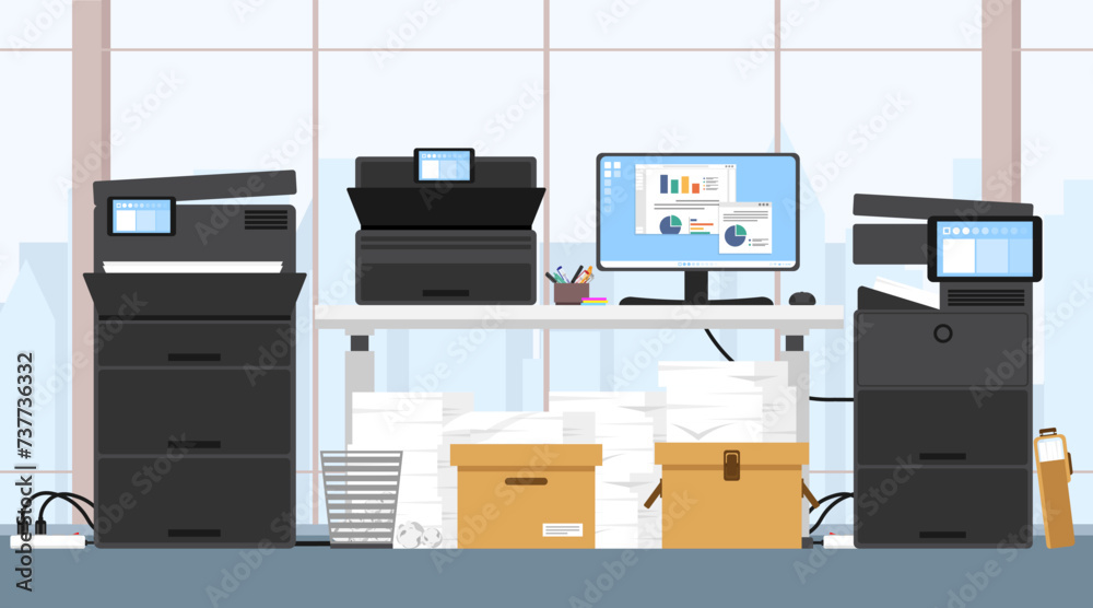 Office interior of printer room, Modern furniture, Printer and document ...