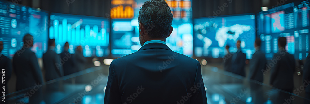 Business Man speaking with data analytics behind him on video screen ...