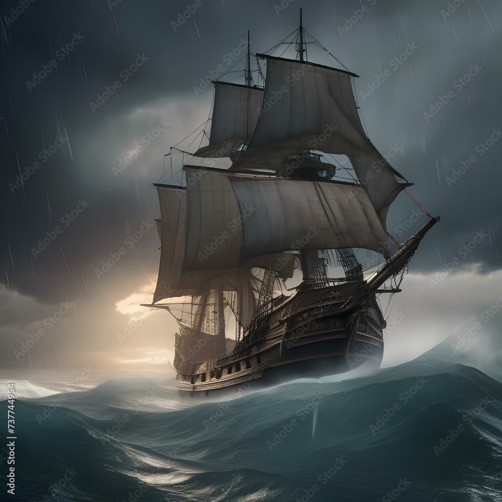 Haunted pirate ship, Ghostly pirate ship sailing through stormy seas ...