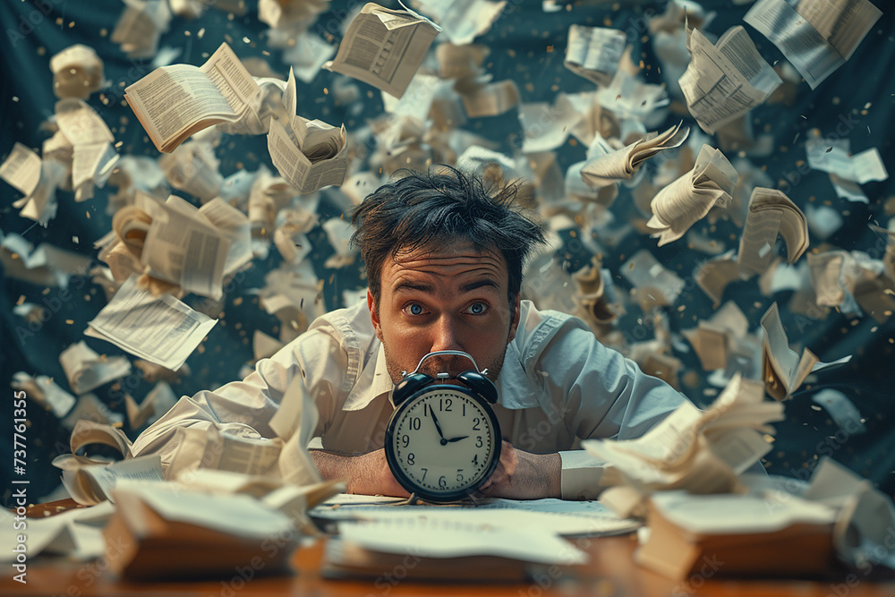 Capture the chaos of a stressed office worker amid paperwork pile-up ...