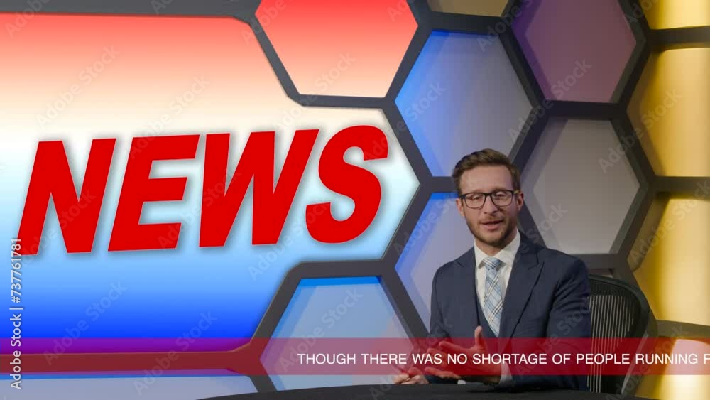 TV host in a stylish coat and tie is presenting the news electric red ...