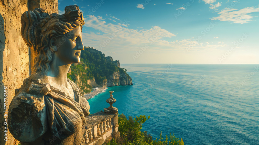 An ancient warrior statue overlooks the sea its gaze fixed on the ...