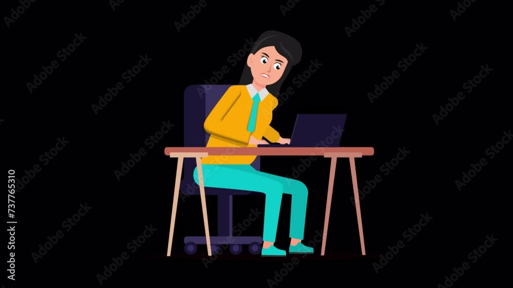 Animation of angry woman sitting on her desk and typing on keyboard ...