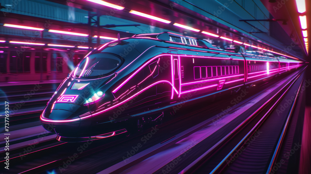 High speed trains adorned with neon art racing through landscapes ...