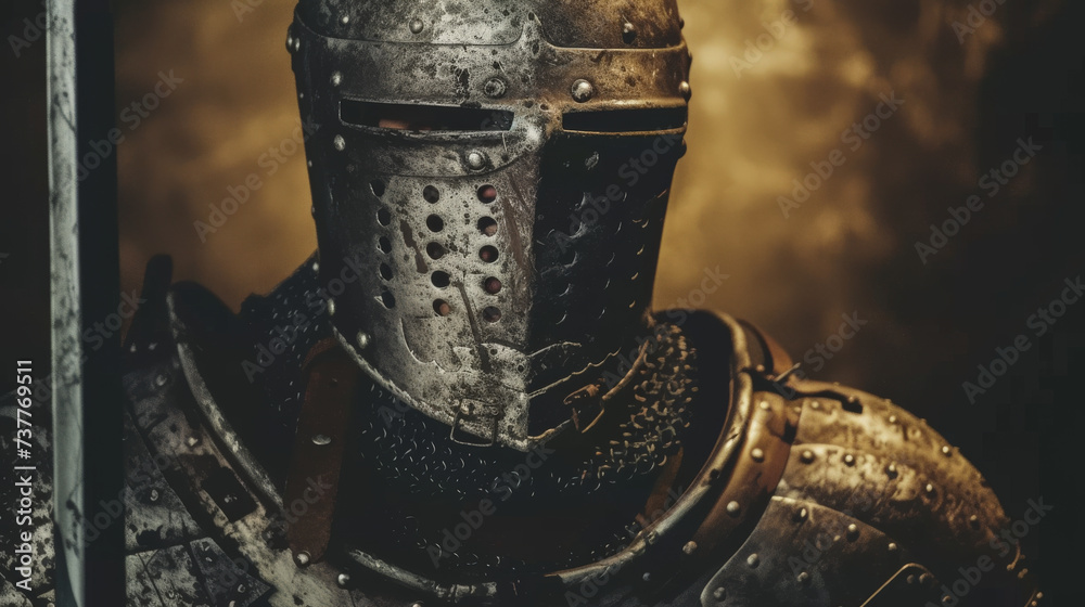 In a museum a warriors armor stands on display each dent and scratch a ...