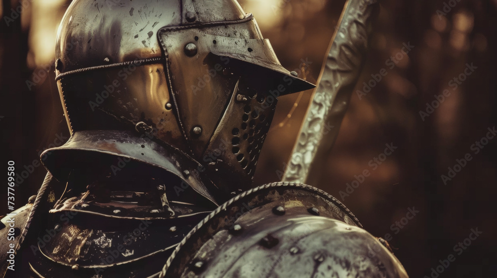 In a museum a warriors armor stands on display each dent and scratch a ...