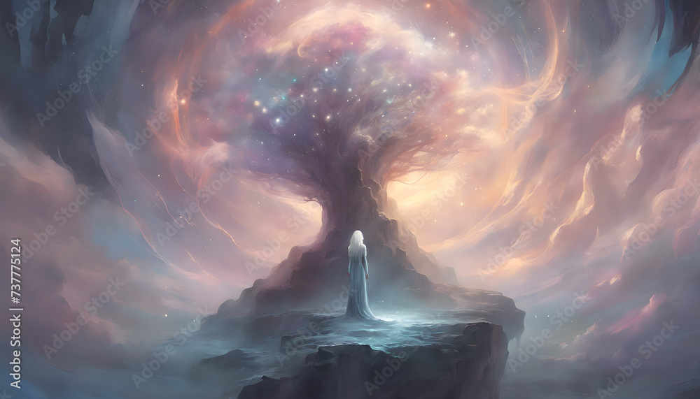 Cosmic tree of creation on cosmic background, Dark World Tree and ...