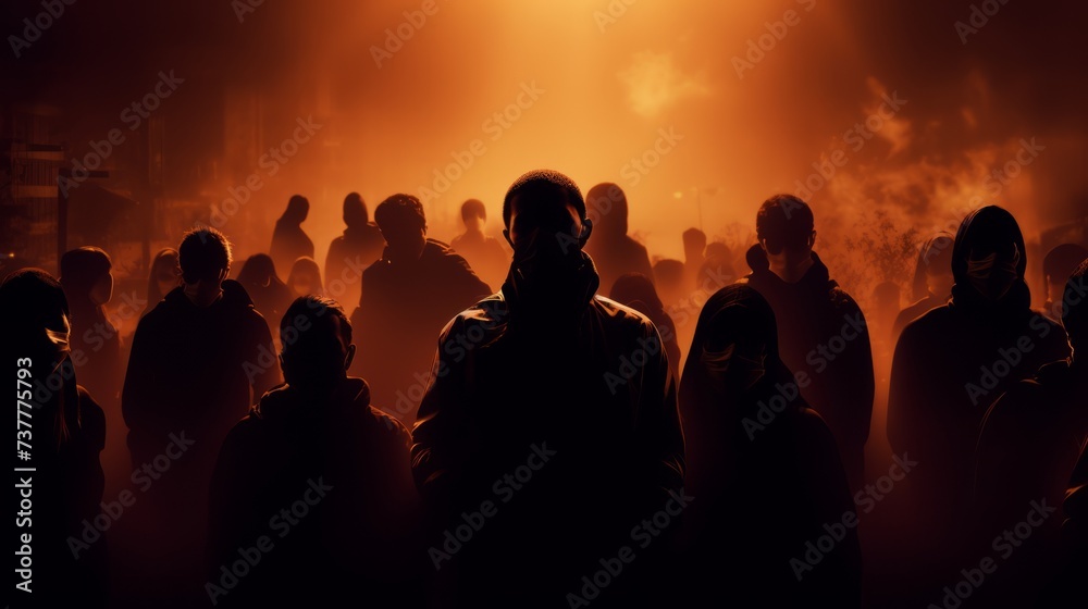 Silhouettes of a crowd of people wearing medical masks on a gloomy dark ...