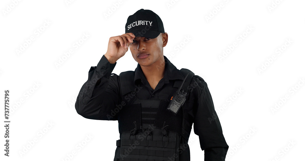 Man, security guard and confidence in uniform for safety, protect and ...