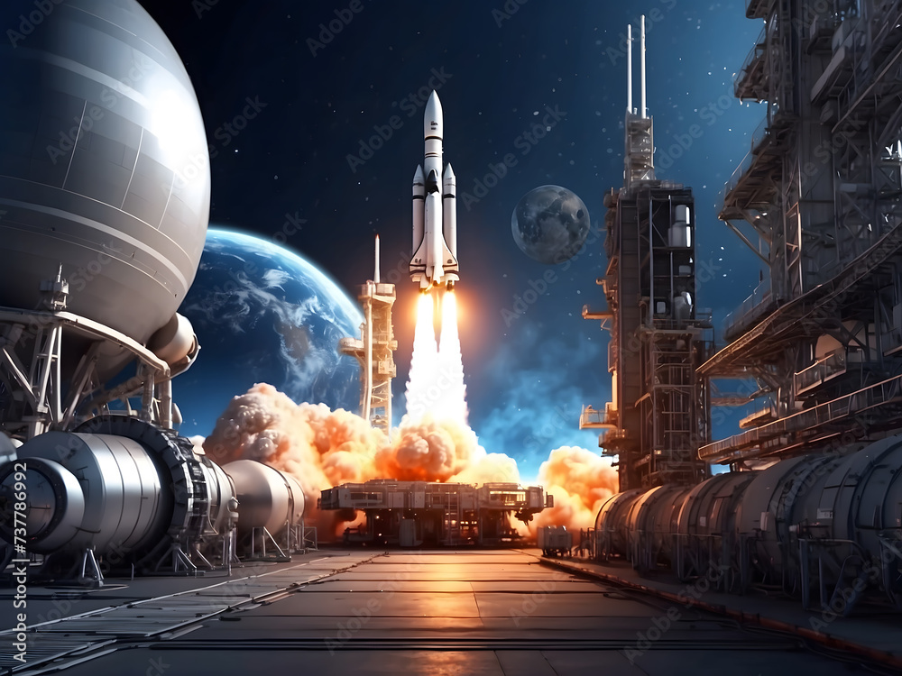 Spacecraft rockets blasting off from the launch pad at the space ...