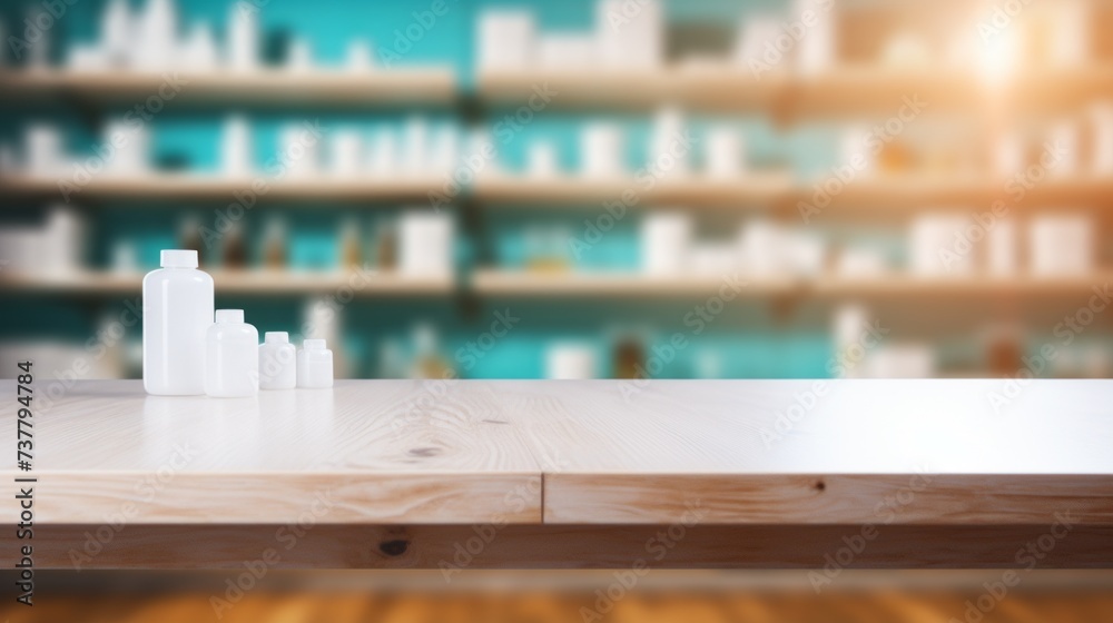 An empty wooden countertop on a blurred background of a beauty salon, a ...