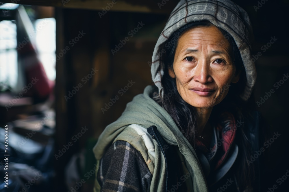 Photo of Smiling homeless woman, 50 years old, Asian, seeking refuge in ...