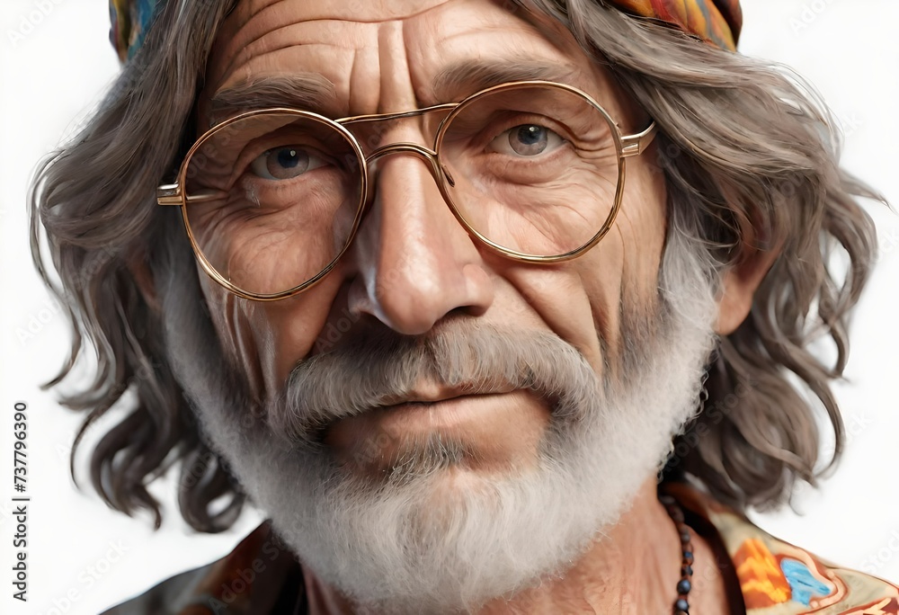an isolated senior man retro vintage hippie with long hair and beard ...