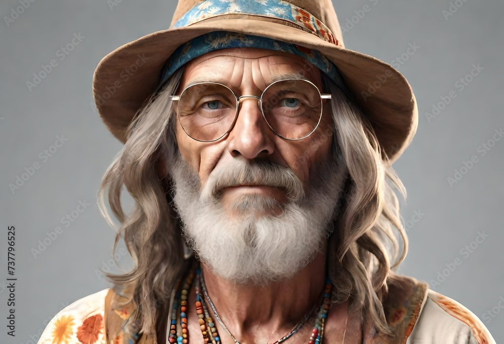an isolated senior man retro vintage hippie with long hair and beard ...