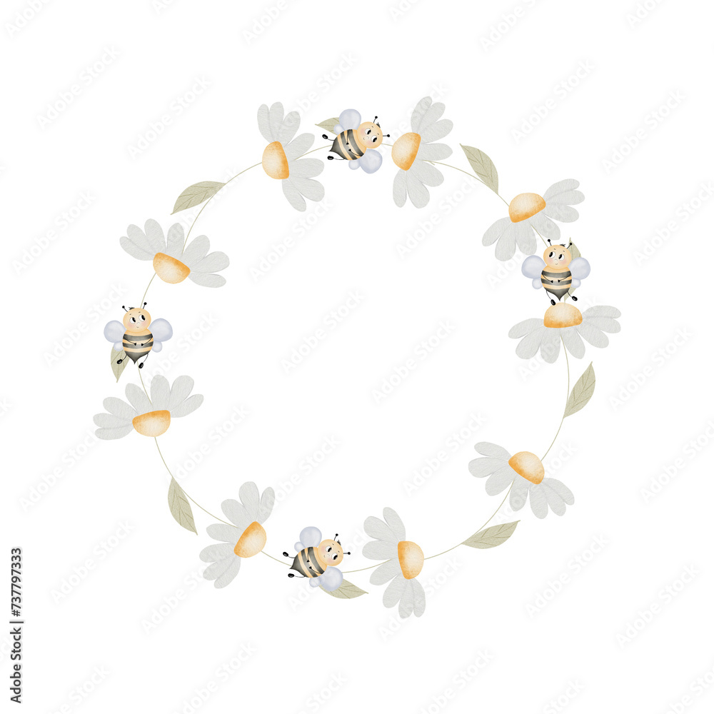 Watercolor frame with bees and flowers. Clip art on isolated white ...