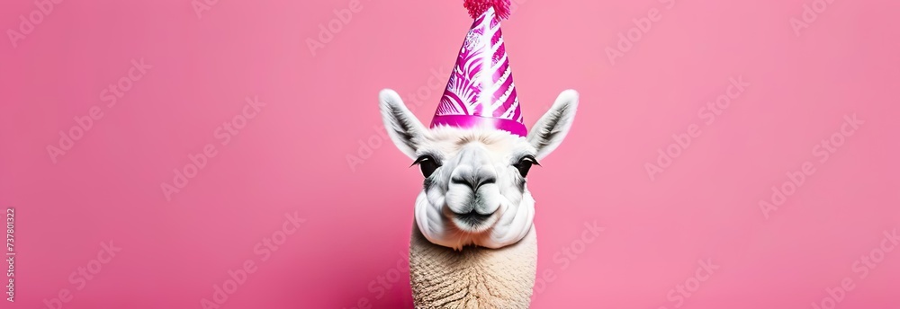 funny lama in a party hat. full length, April Fool's Day, on a pink ...