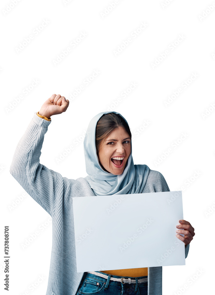 Muslim, woman and activist in hijab for protest with poster mockup and ...