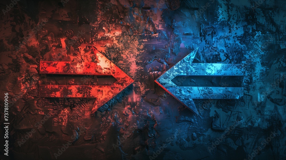 An image depicting two bold arrows in contrasting colors directly ...