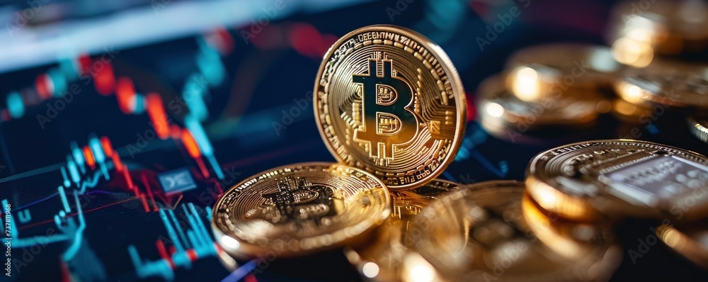 Bitcoin coins and trade chart on blur background. Cryptocurrency ...