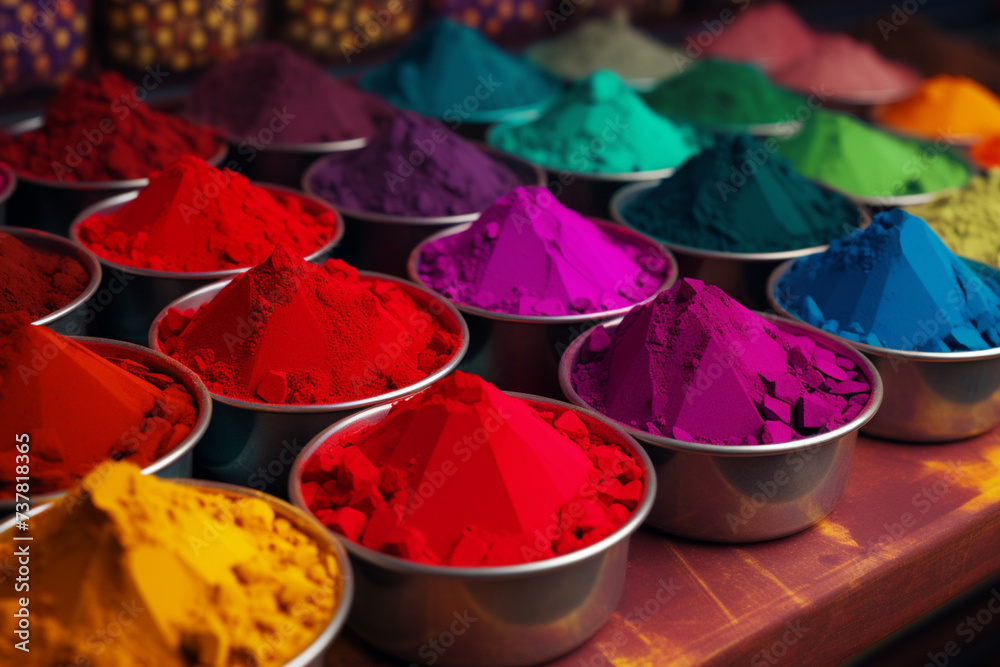 hindu temple and colors in plates represent holy festival Stock Photo ...