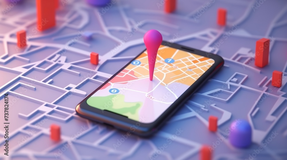Smartphone with map, 3D Map pins, GPS, navigator pin checking points ...