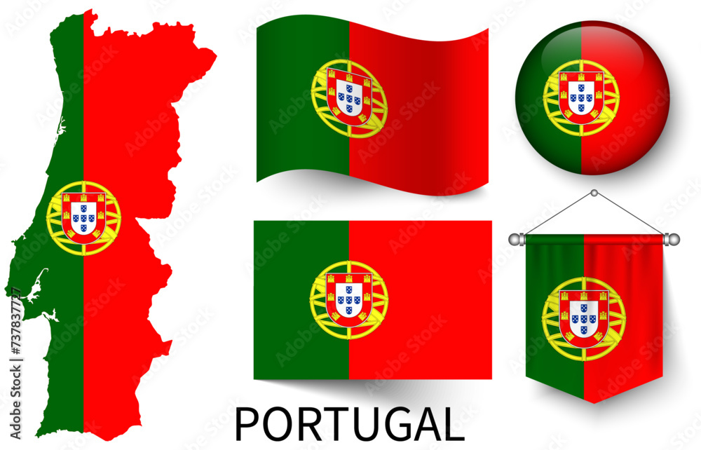 The various patterns of the Portugal national flags and the map of ...