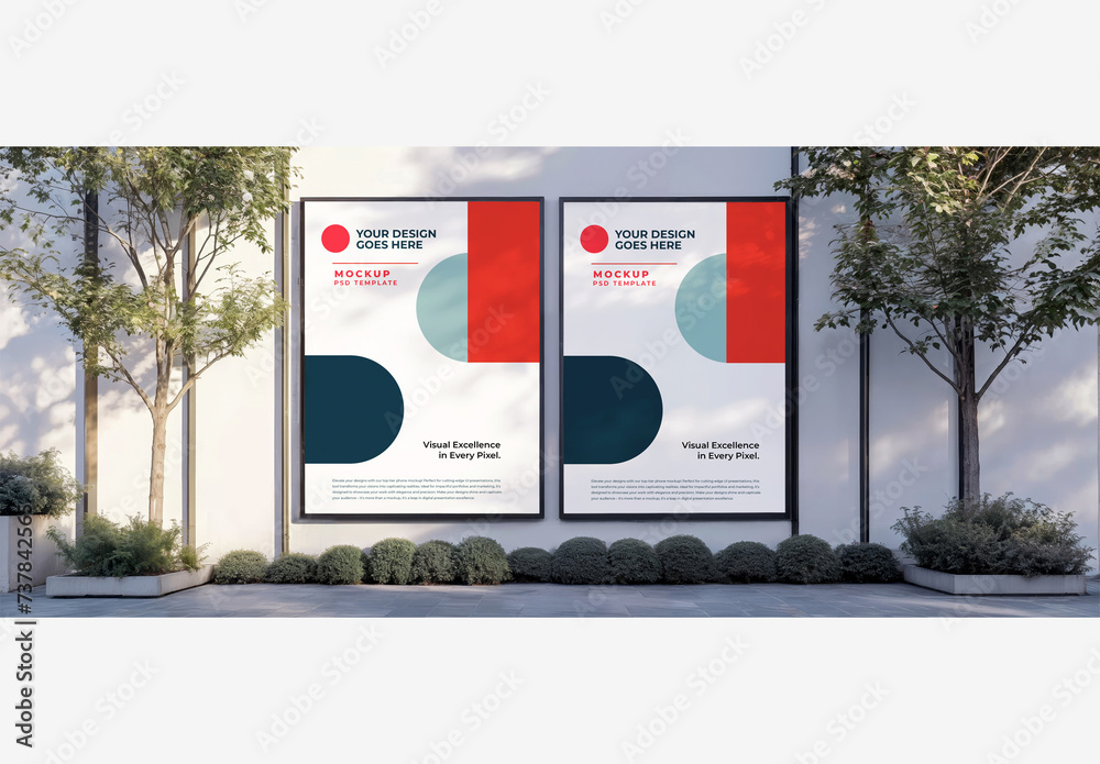 Outside Street Poster Mockup: Large White Frames with Trees, Bushes ...