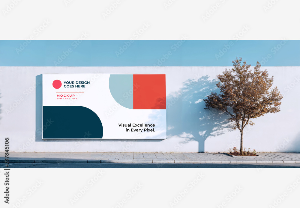 Outdoor Street Poster Mockup: White Wall with Tree, Sidewalk, Blue Sky ...