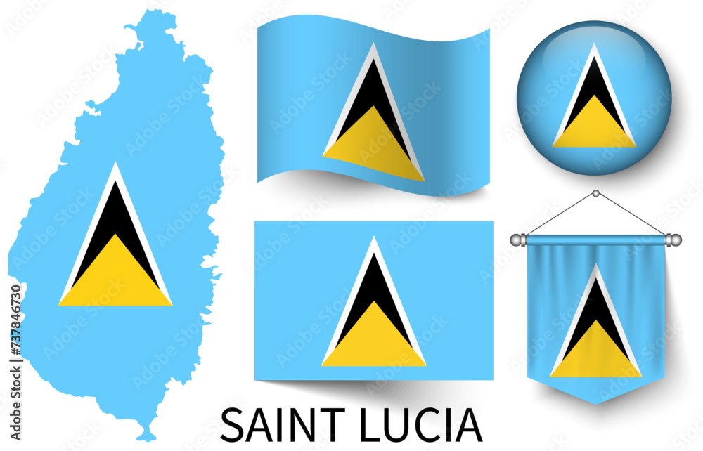 The various patterns of the Saint Lucia national flags and the map of ...