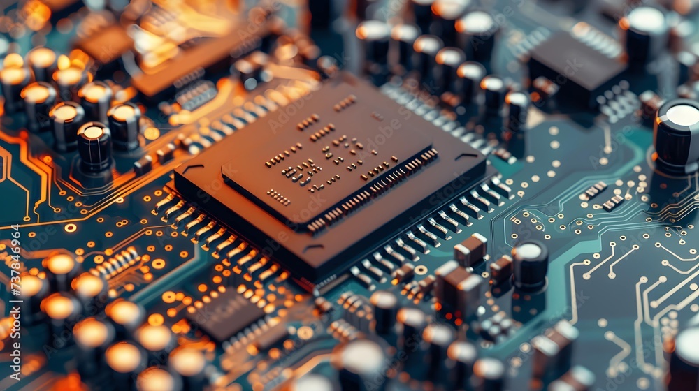 top view of Microcircuit close-up. Theme of new computer technologies ...