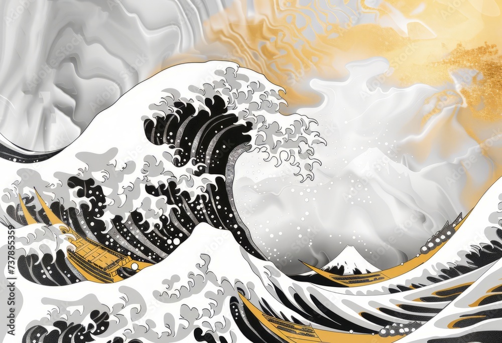 oriental-inspired wall painting that depicts a stylized wave in black ...