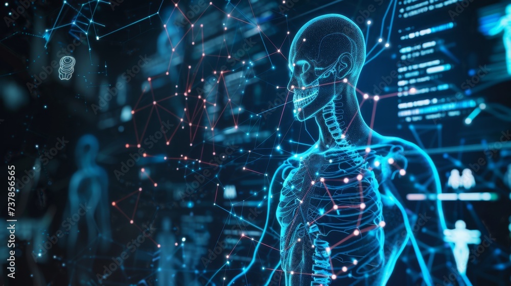 Digital human anatomy interface showing skeletal structure in a high ...