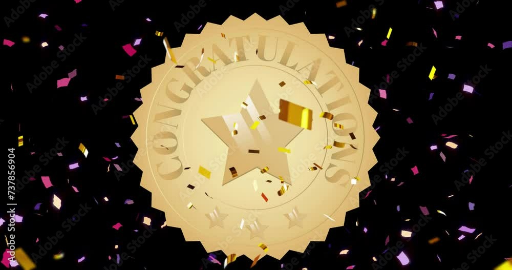 Animation of congratulations text on gold medal and falling confetti on ...