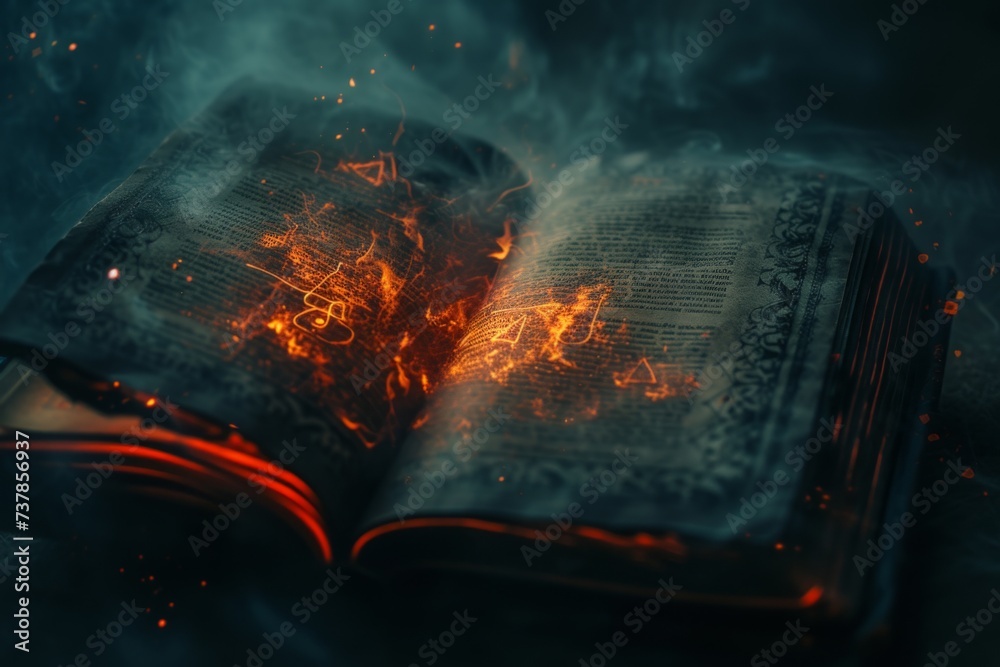 An ancient spellbook lies open, illuminated by spectral flames, its ...